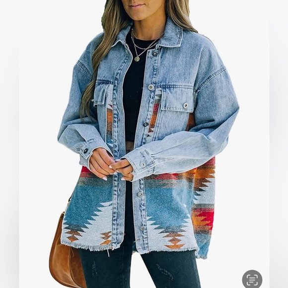 Jackets & Coats | Womens Aztec Shacket Jacket Retro Jean Coat Oversized ...